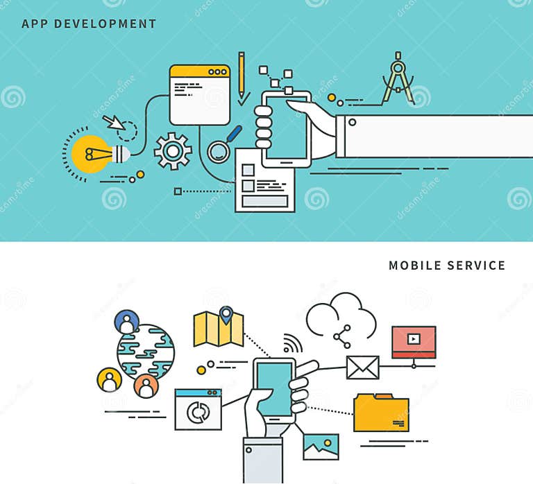 Simple Line Flat Design of App Development & Mobile Service, Modern ...