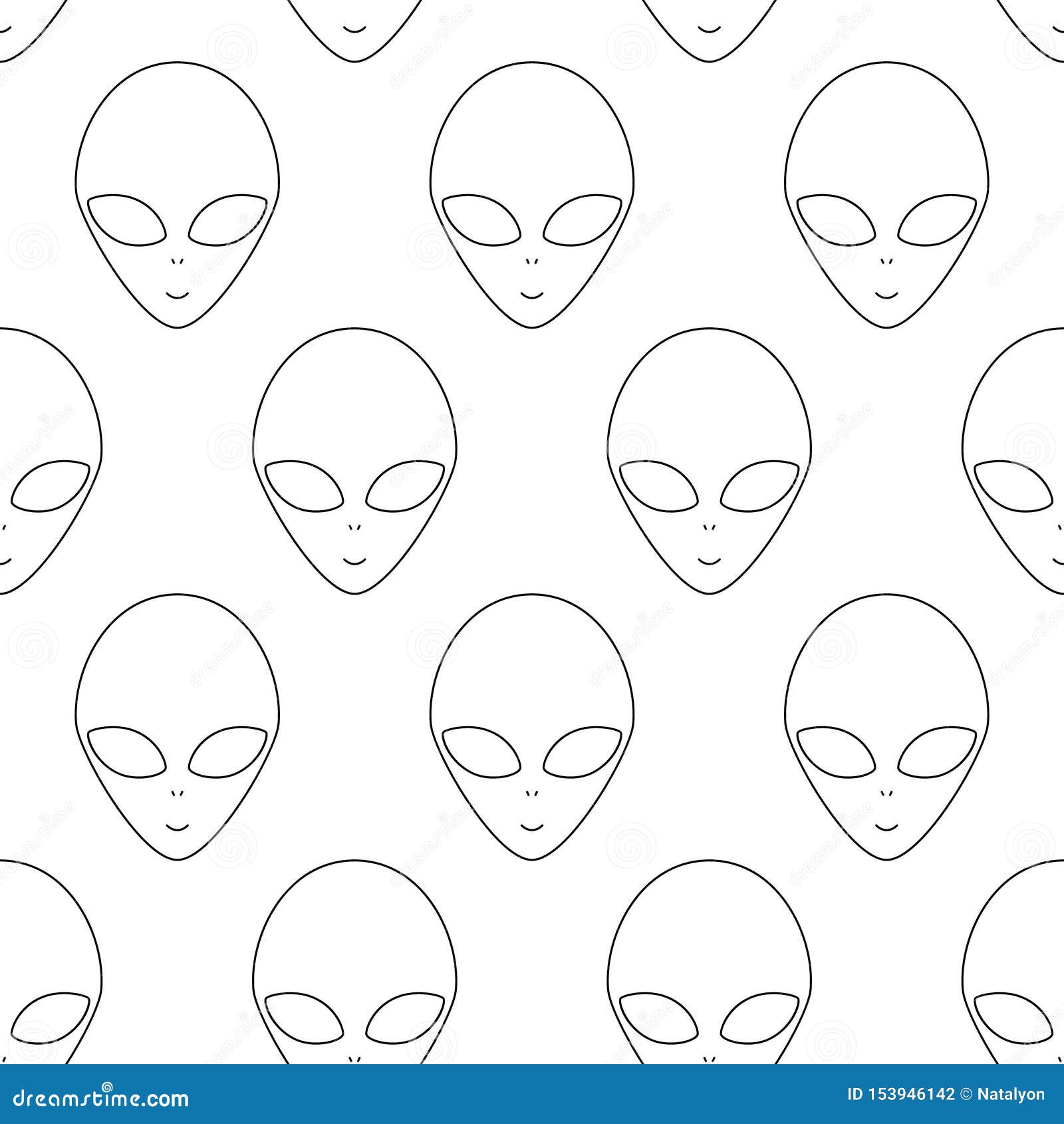 Simple Linear Black and White Alien Head Seamless Pattern, Vector Stock ...