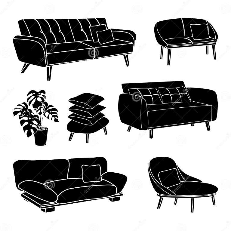 Simple Linear Icon of Sofas for Interior Set Stock Vector ...