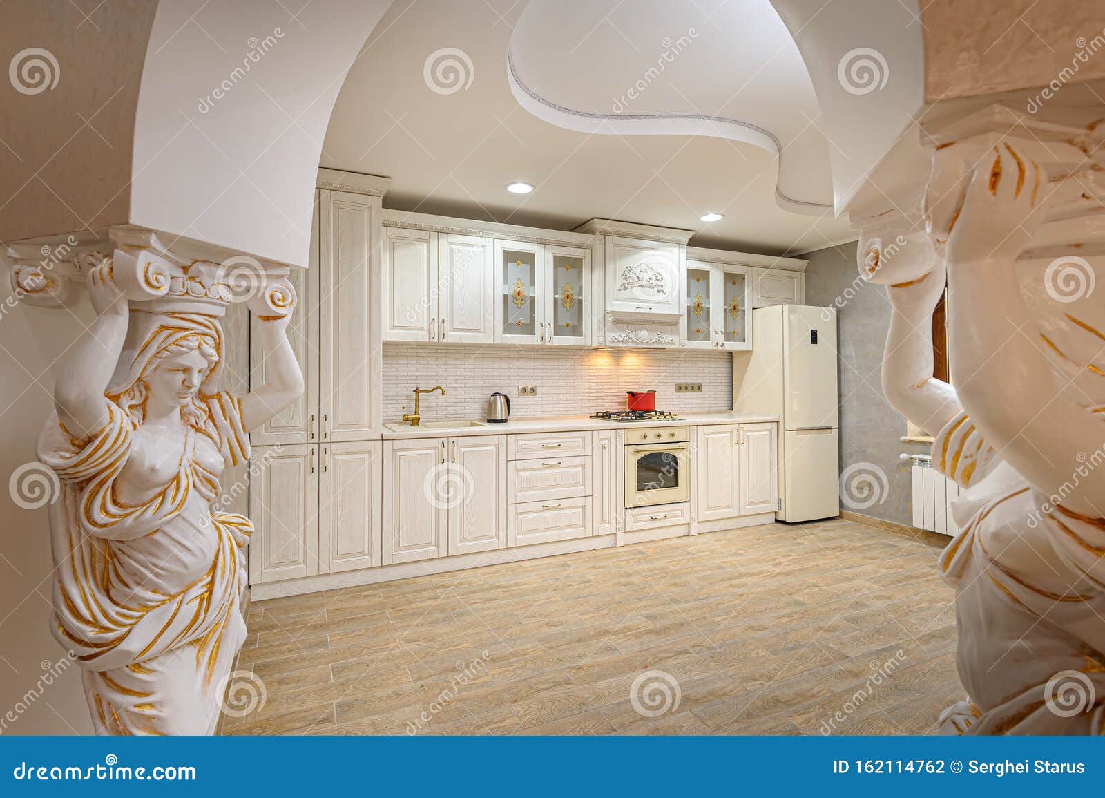 Luxury Modern White and Beige Kitchen Interior Stock Photo - Image of ...