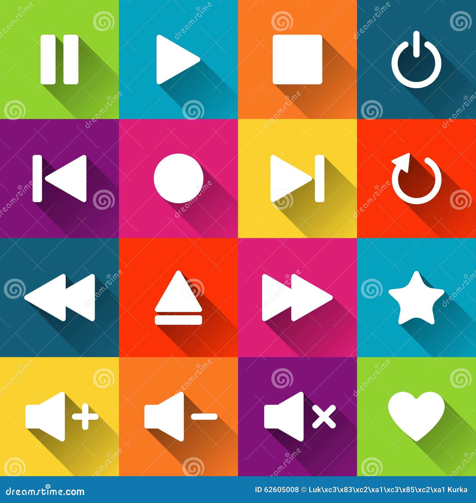 Simple Media Player Icons on the Colored Tiles Stock Vector ...