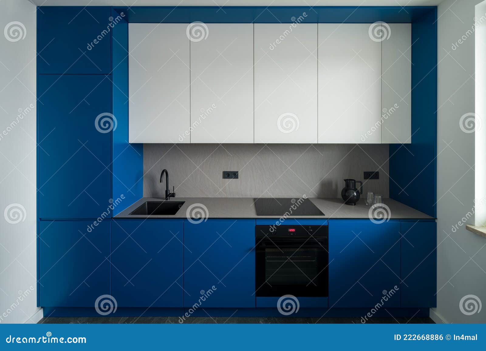 Simple and Modern Kitchen with Blue Cupboards Stock Photo - Image of ...