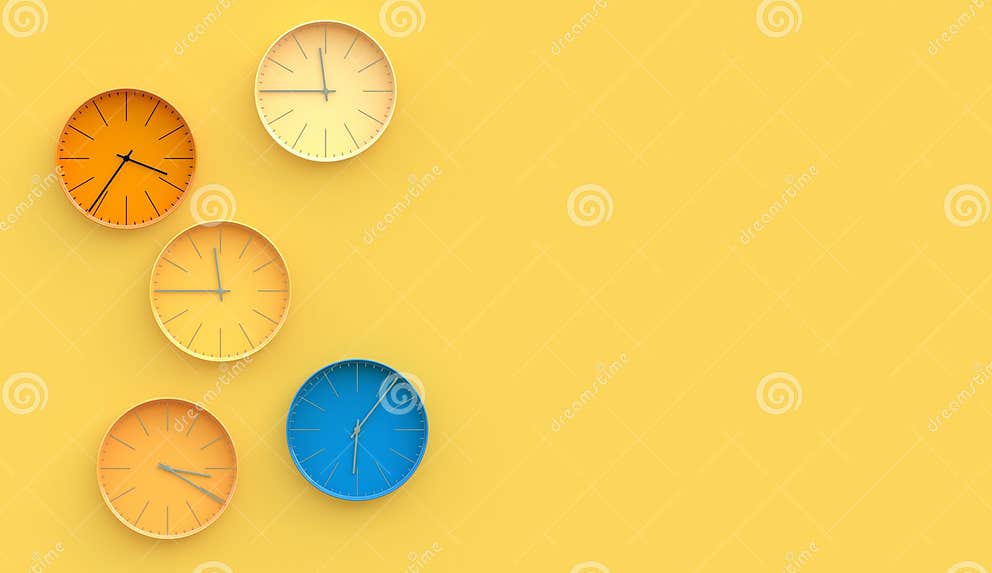 Simple Multicolor Wall Clock with Different Time on Yellow Background ...