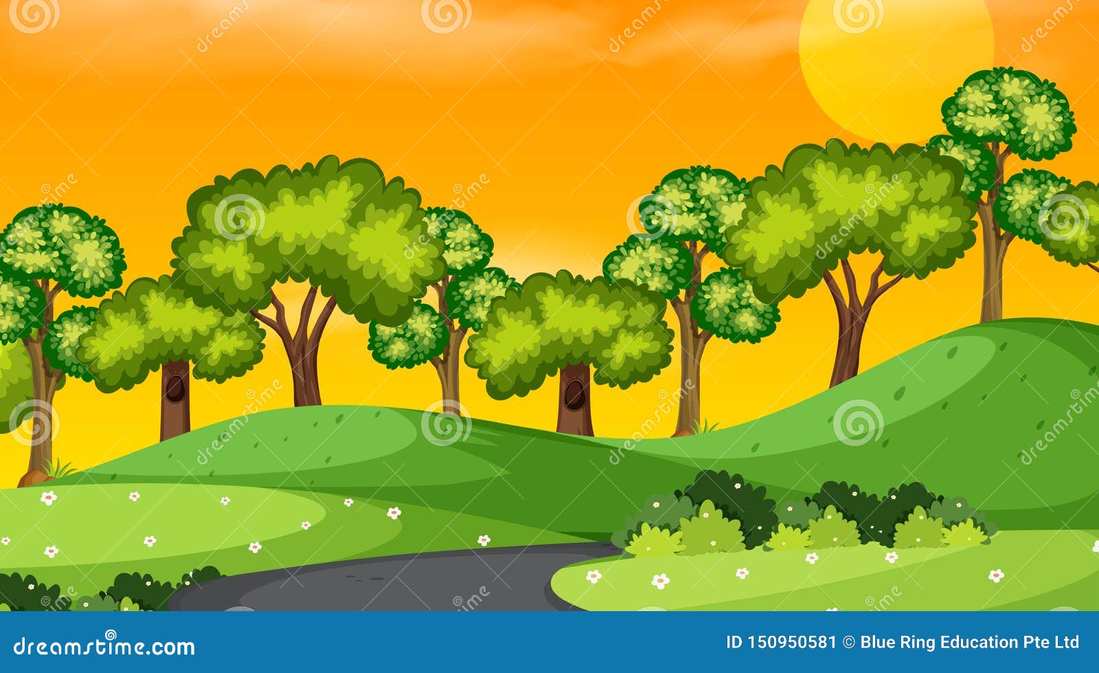 A Simple Nature Scene at Sunset Stock Illustration - Illustration of ...