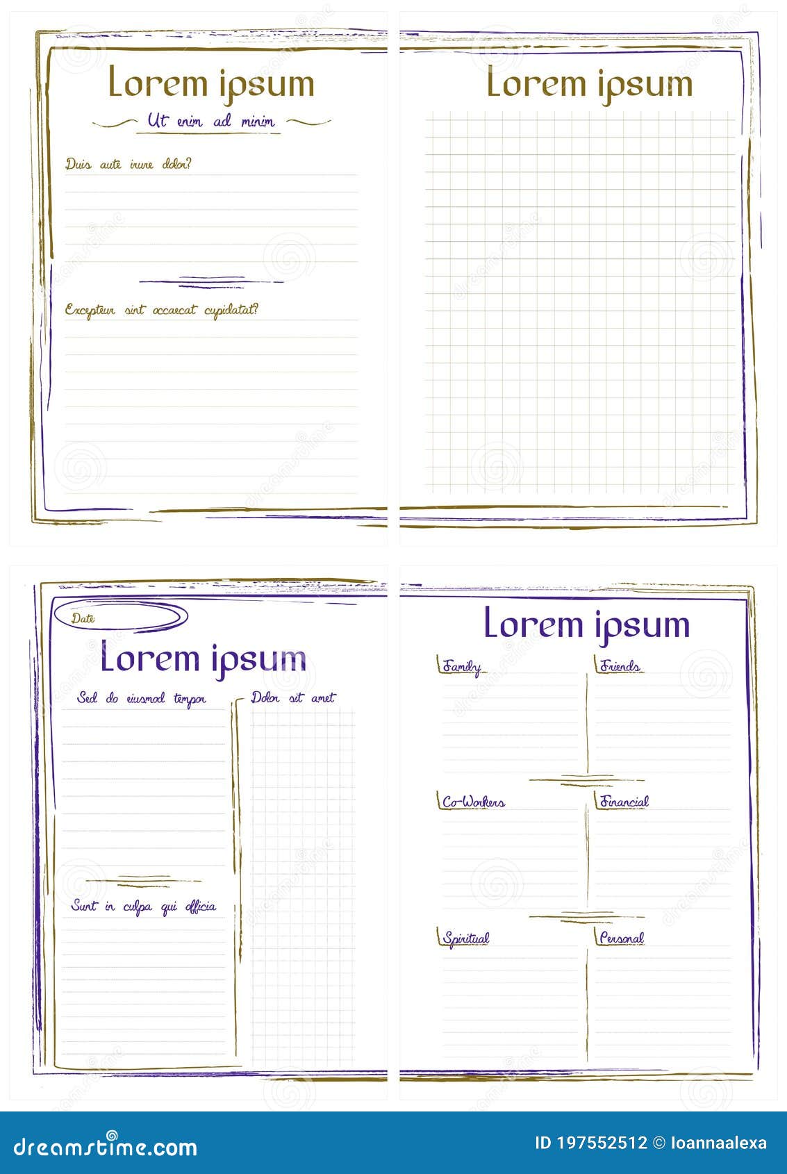 Simple A5 Notepad Page Templates with Ragged Lines Frame. Set of Four ...
