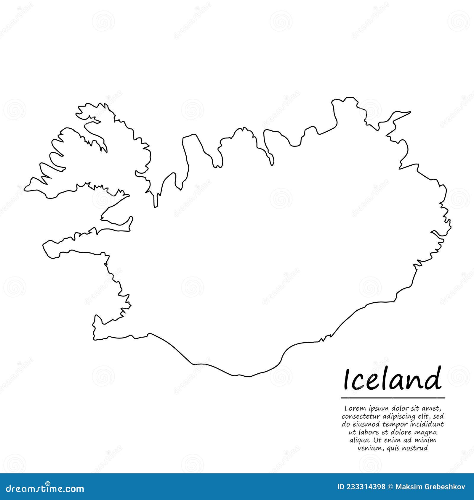 Simple Outline Map Of Iceland, Silhouette In Sketch Line Style Stock ...