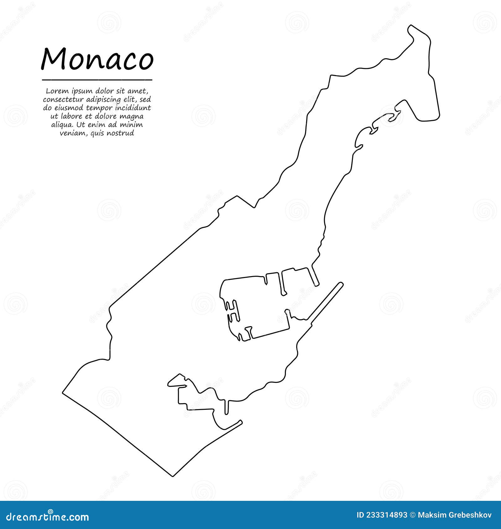 Simple Outline Map of Monaco, Silhouette in Sketch Line Style Stock ...