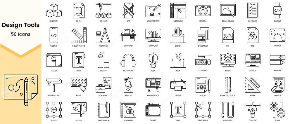 Simple Outline Set of Design Tools Icons. Linear Style Icons Pack Stock ...