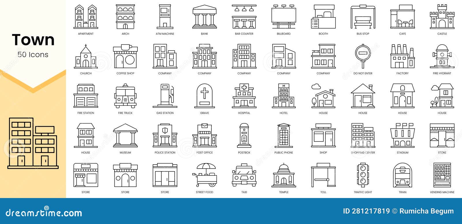 Simple Outline Set of Town Icons. Linear Style Icons Pack Stock Vector ...