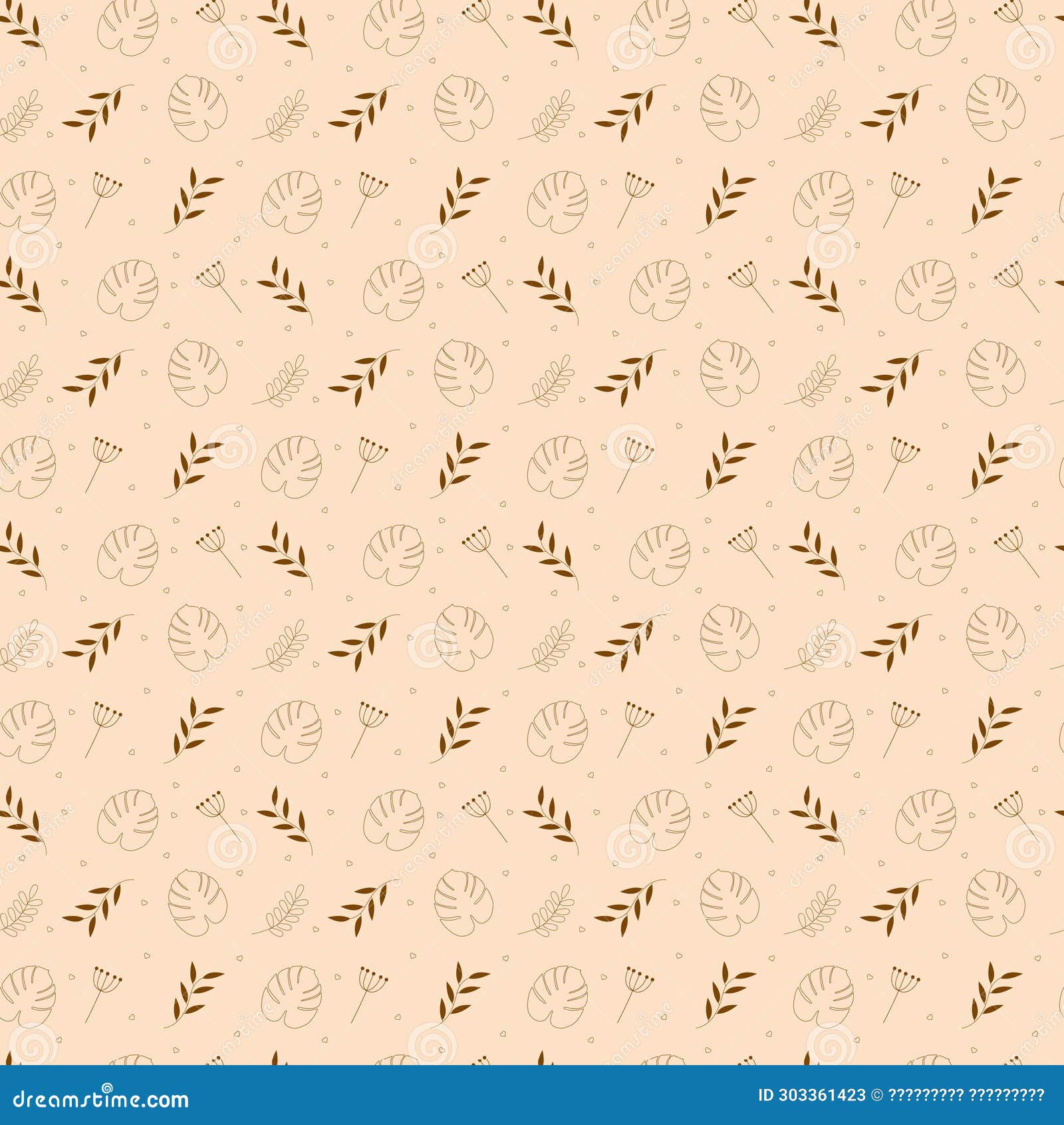 Simple Pattern. Small Flowers, Leaves and Hearts. Light Beige ...