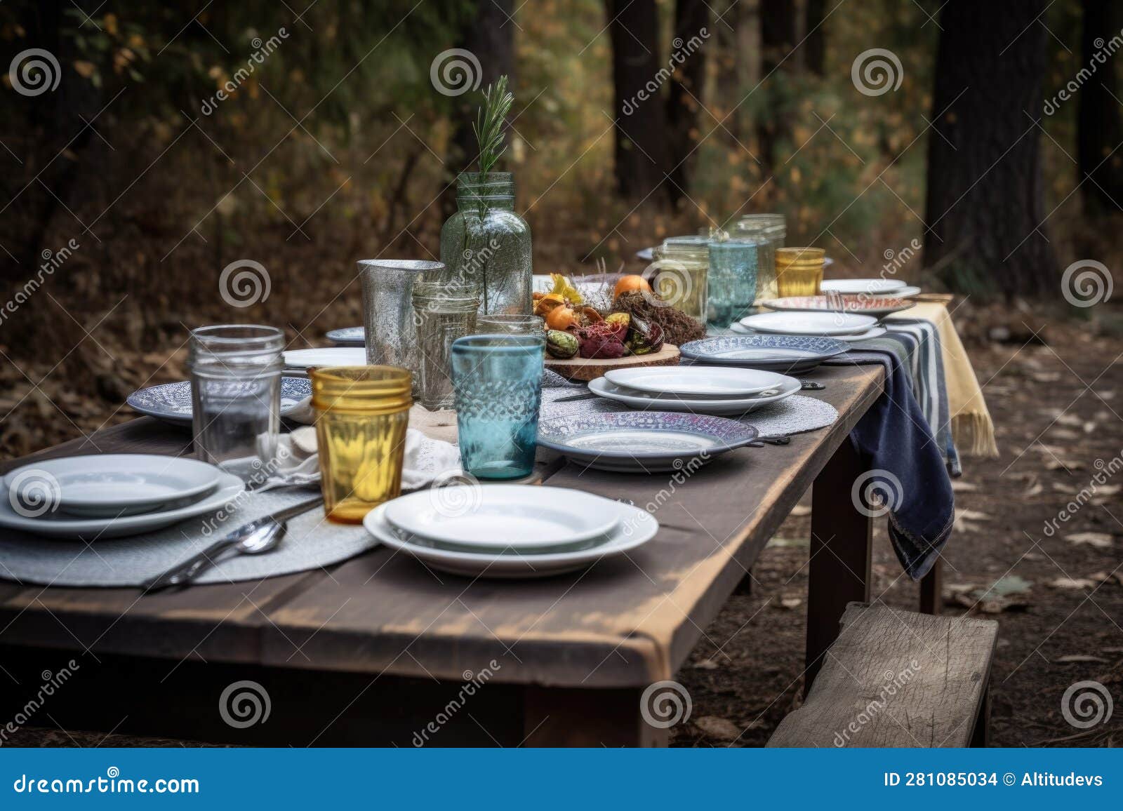 A Simple Picnic Table Setting with Plates, Silverware and Glasses Stock ...