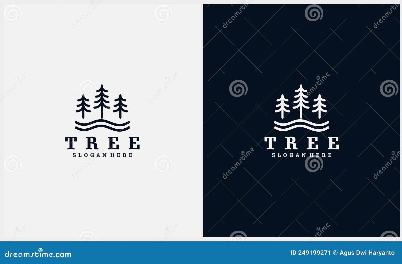 Simple Pine Tree, Evergreen with River Symbol Logo Template with Line ...