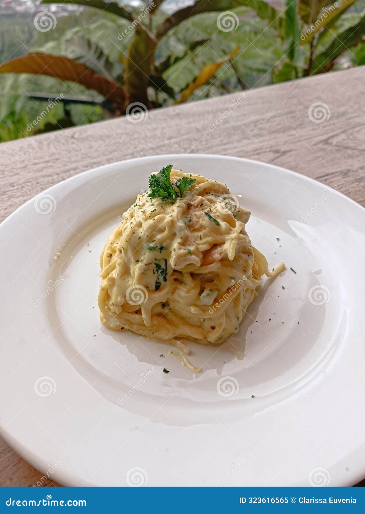 Simple Plating Spaghetti Carbonara with Green Topping Stock Image ...