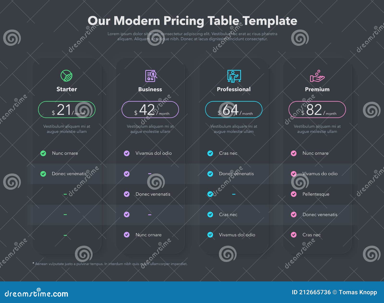 Simple Pricing Table Layout with Four Subscription Plans - Dark Version ...