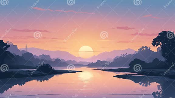 Simple River View with Dawn in the Background, Ai Generated Stock ...