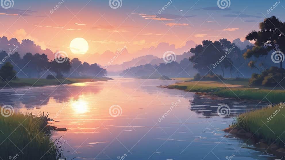 Simple River View with Dawn in the Background, Ai Generated Stock ...