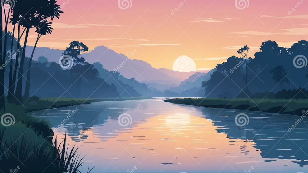 Simple River View with Dawn in the Background, Ai Generated Stock ...