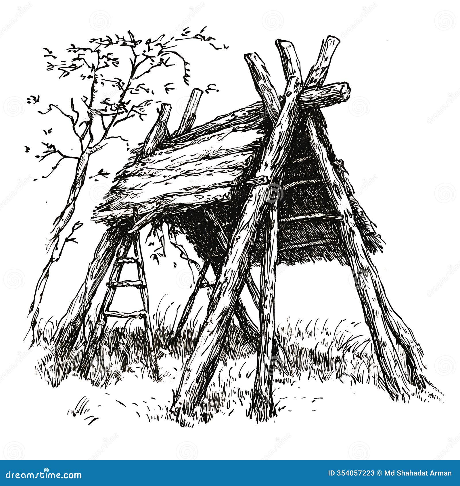 Simple Rustic Wooden Lean-to Shelter with Ladder Stock Illustration ...