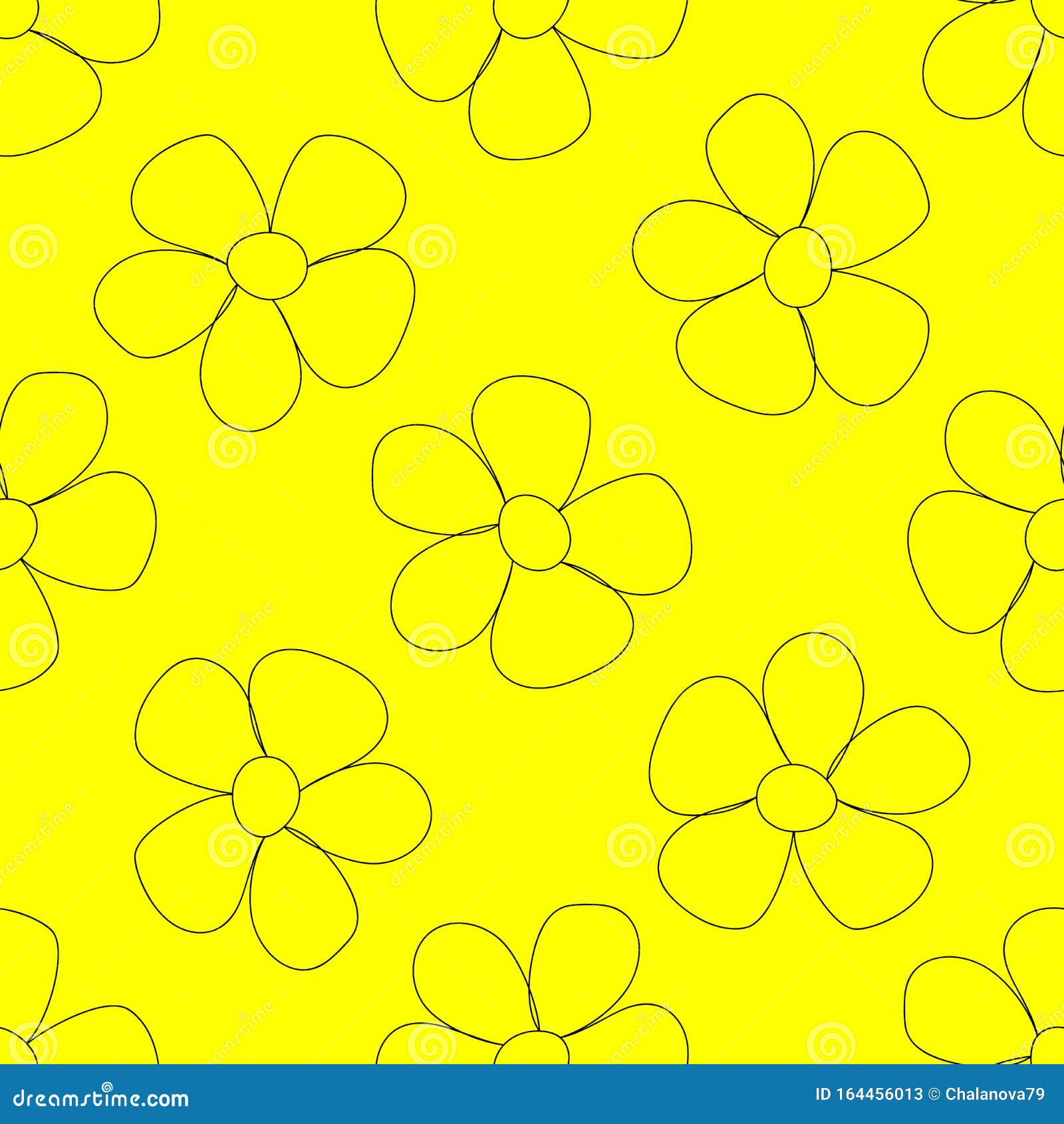 Simple Seamless Doodle Floral Pattern. Black Line on Yellow Background ...