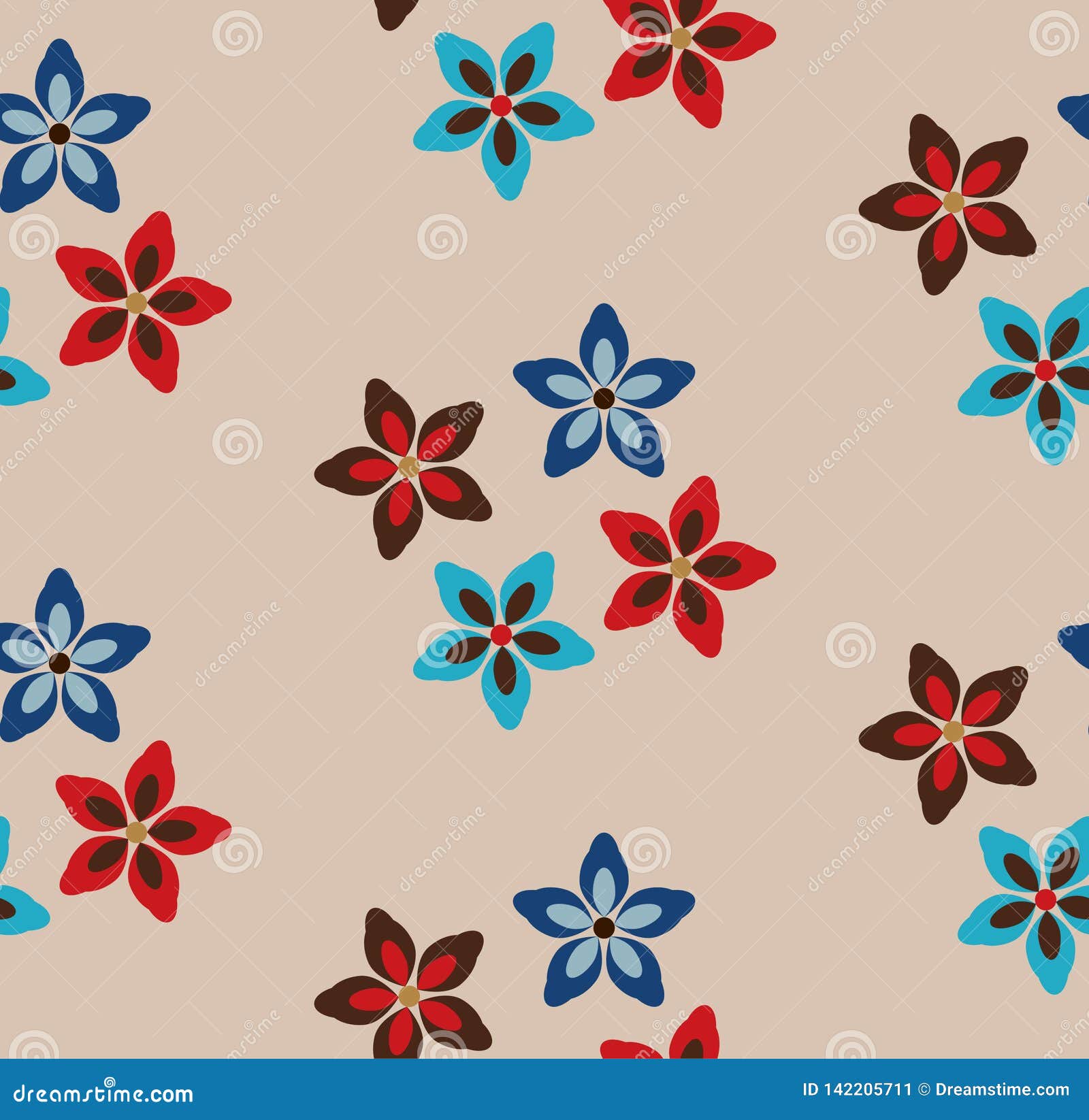 Simple Seamless Floral Pattern. Beige Background with Red, Brown and ...