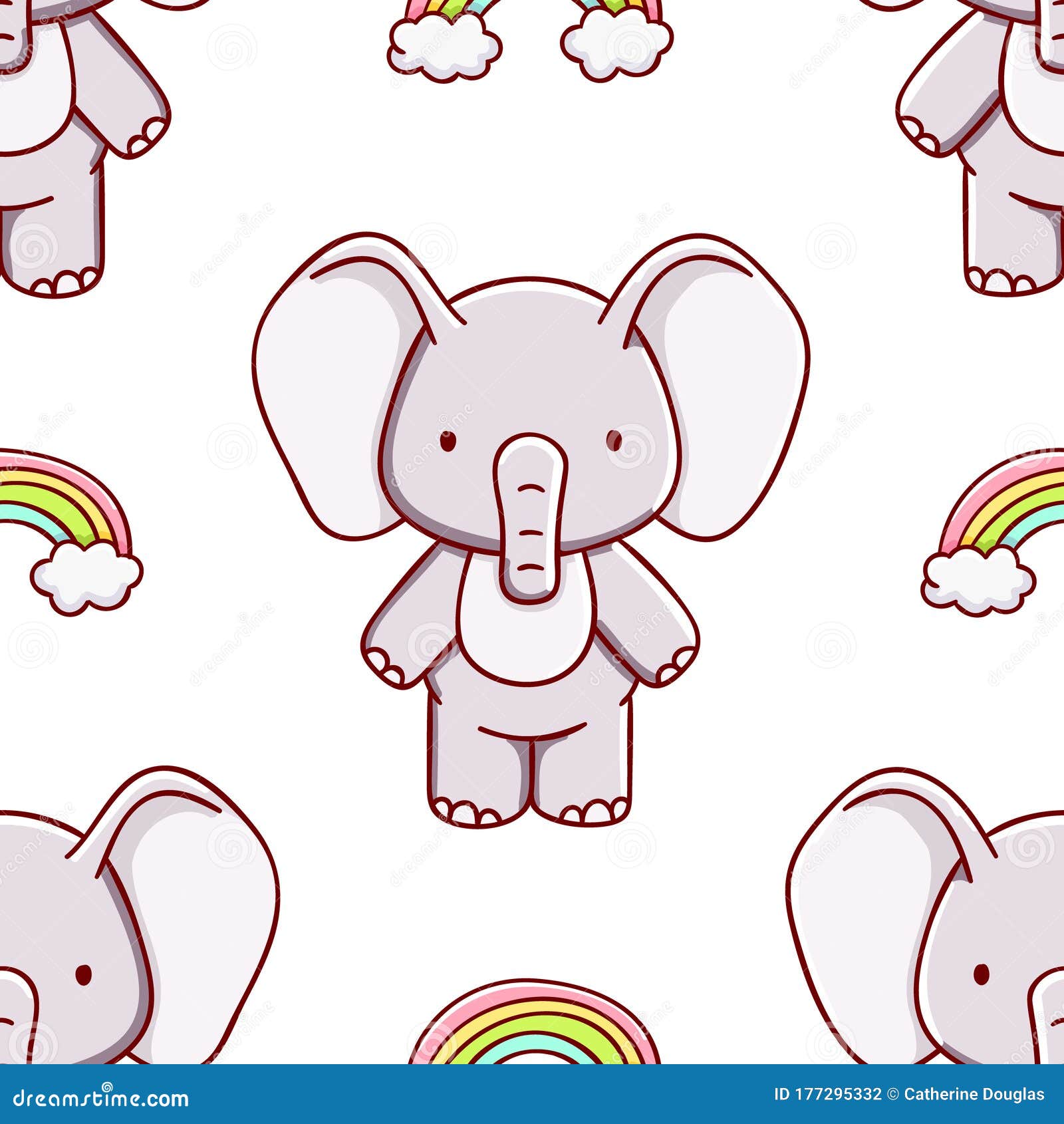 Simple Seamless Pattern, Cute Kawaii Hand Drawn Elephant Doodles Stock ...