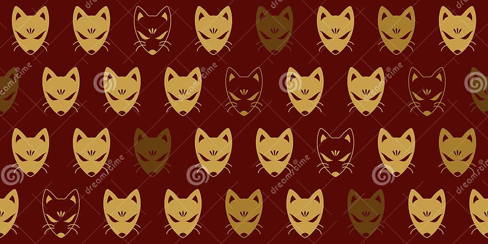 Simple Seamless Pattern, Geometric Kitsune Fox Mask in Golden and Red ...