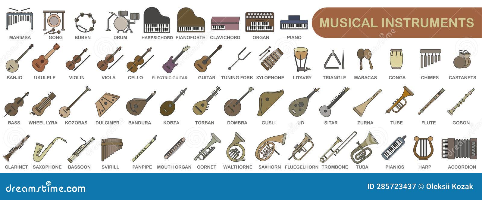 A Simple Set of Colored Musical Instruments with a Stroke. Images of ...