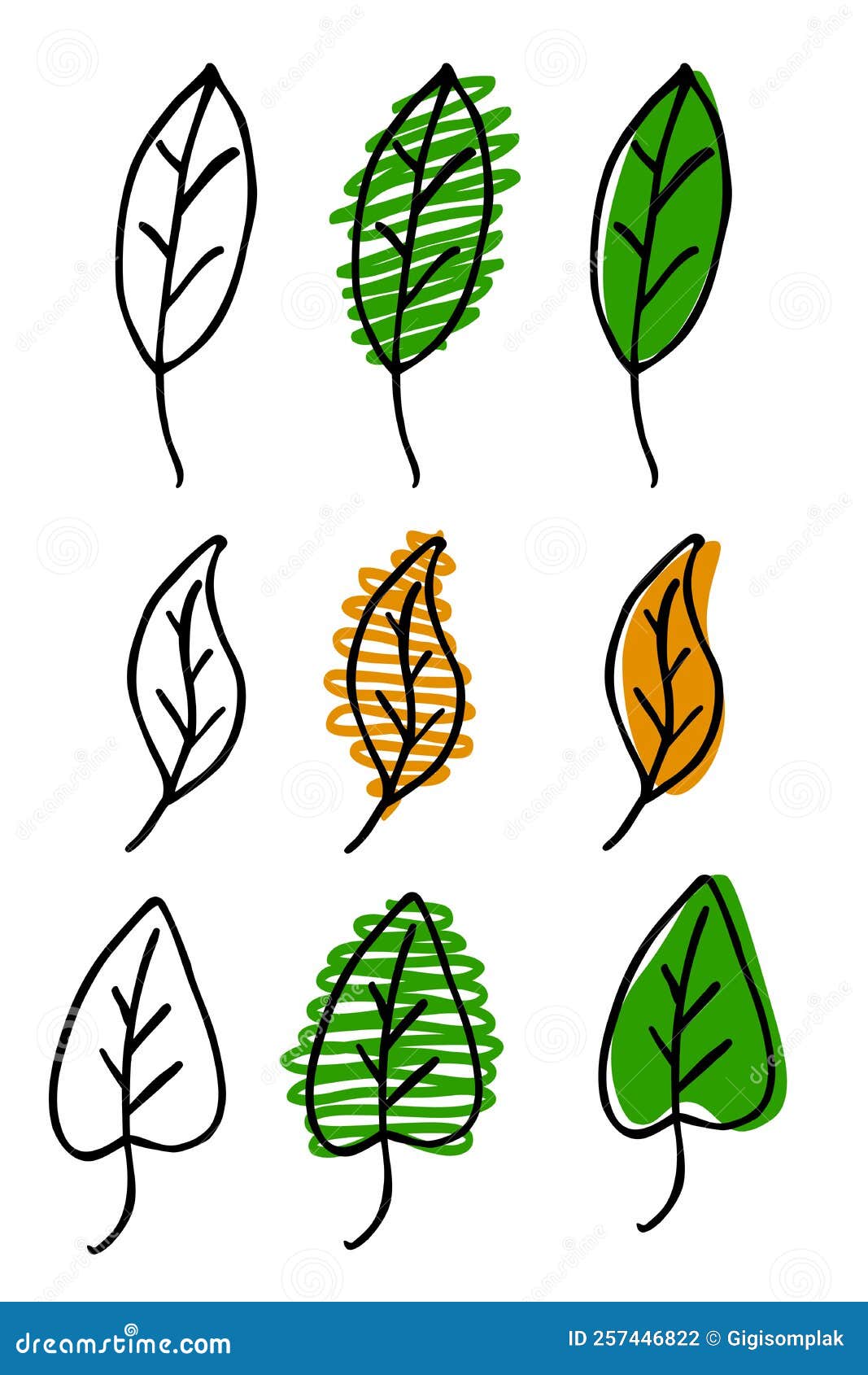 Simple Set 9 Doodle Hand Draw Sketch Green and Brown Leaf Stock Vector ...