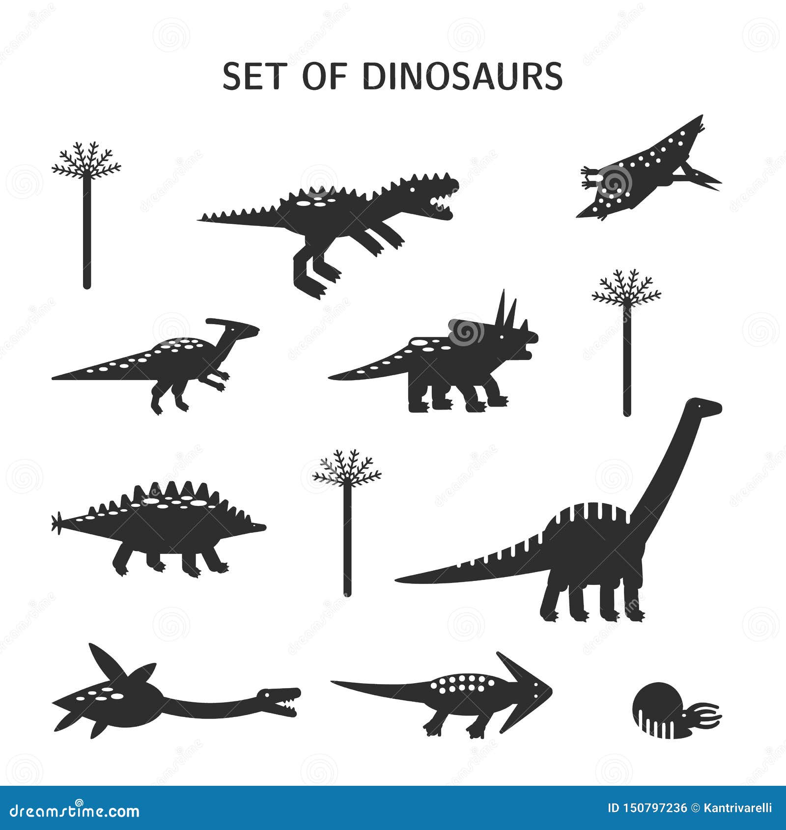 Simple Set Flat Style Icons of Different Dinosaurs. Stock Vector ...