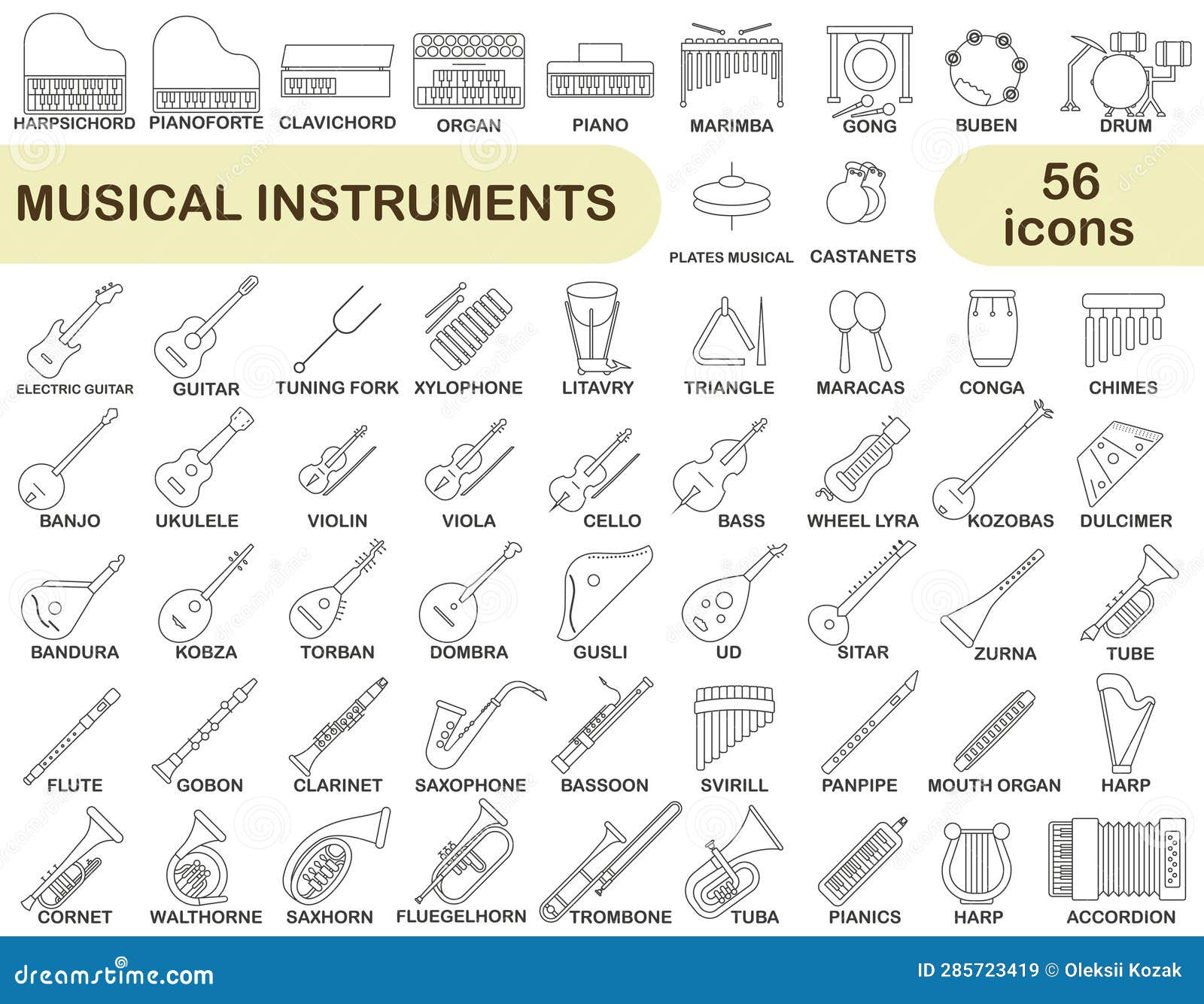 Simple Set of Musical Instruments in Thin Line Design. Images of ...