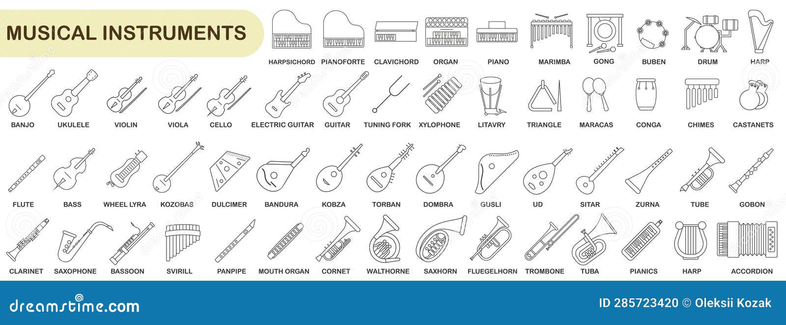 Simple Set of Musical Instruments in Thin Line Design. Images of ...
