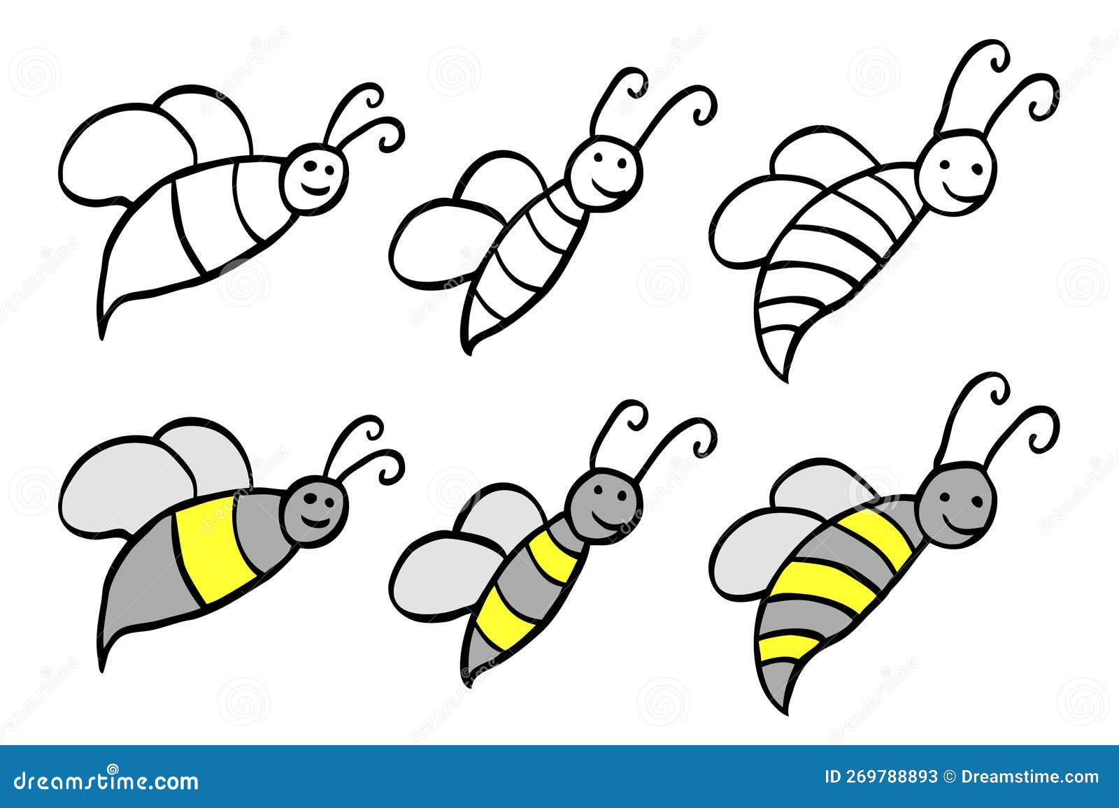 Simple Set 6 Sketch Smiling Bee, Isolated on White Stock Vector ...