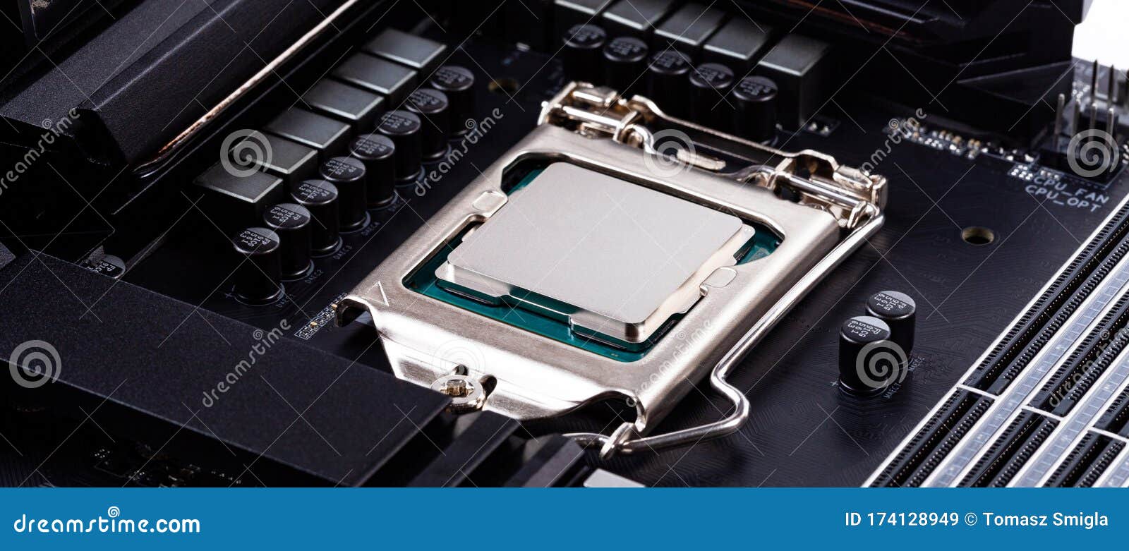 Simple Silver Unbranded Hi End CPU in Socket, Surface Closeup, Modern ...