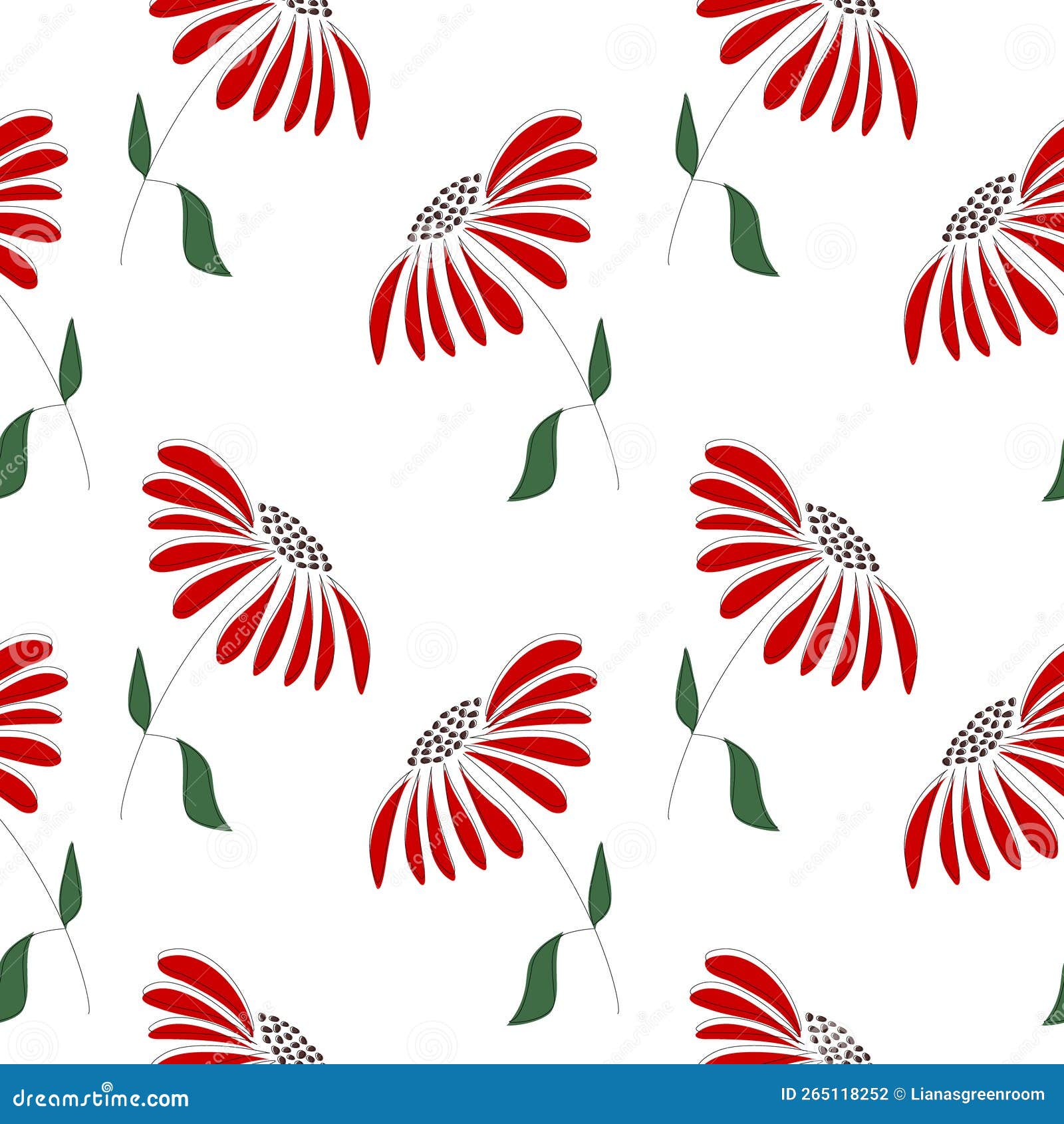 Simple Single Red Flower Pattern with Green Leafs on White Background ...