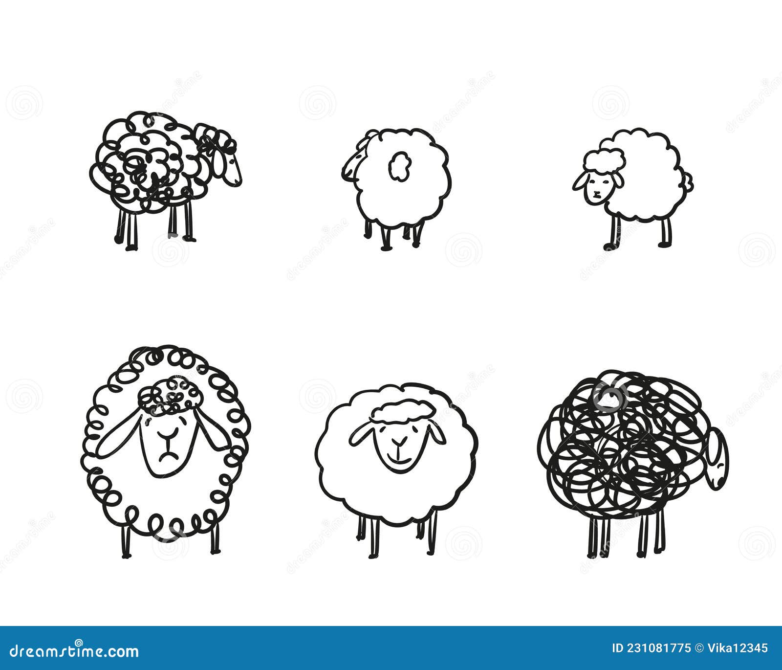 Simple Sketch of Different Sheeps, Pen Hand Drawing Scribble Cartoon ...