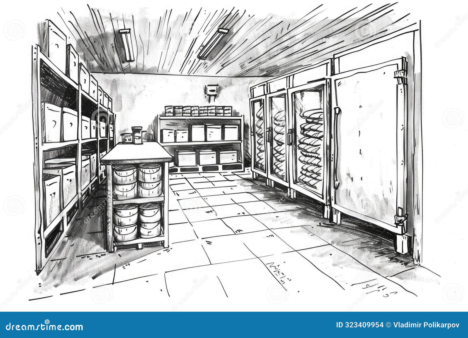 A Simple Sketch of a Kitchen Featuring a Refrigerator and Shelving ...