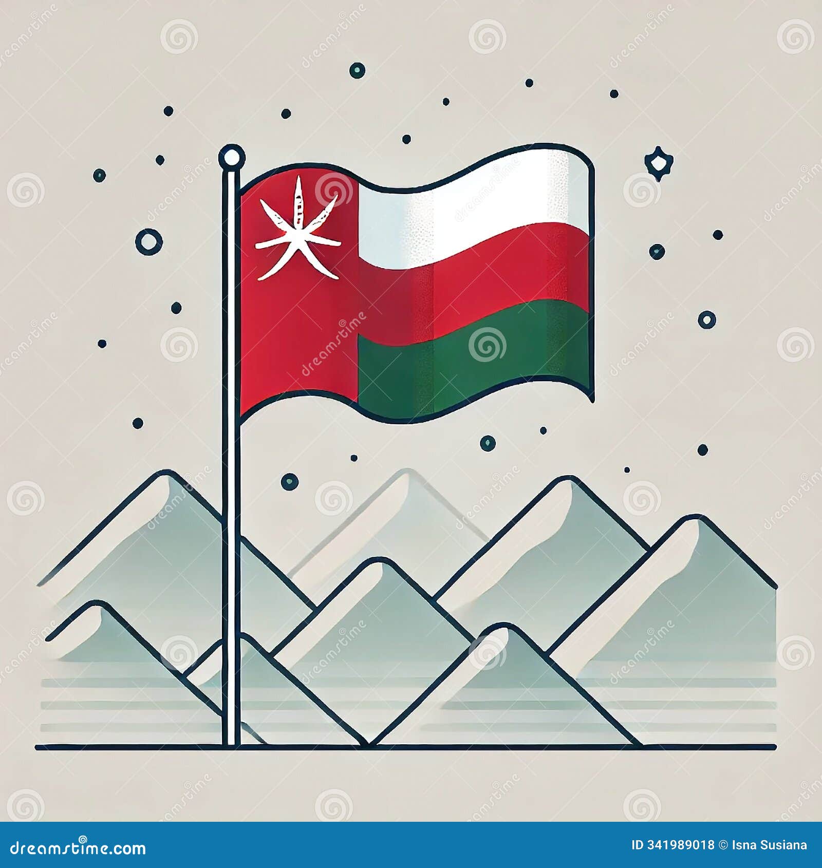Minimalist Illustration of Omani Flag Waving with Mountain Background ...
