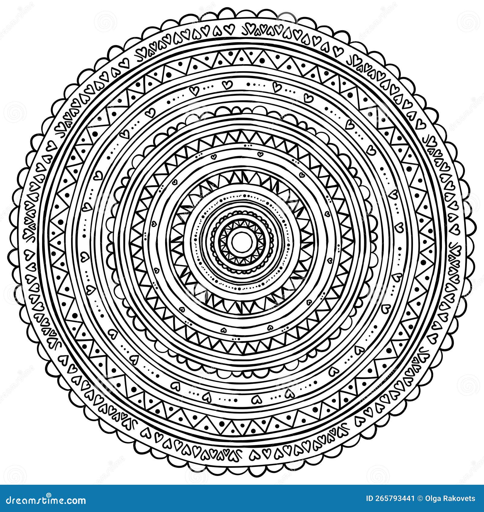 Simple Striped Mandala with Line Patterns and Hearts, Meditative ...