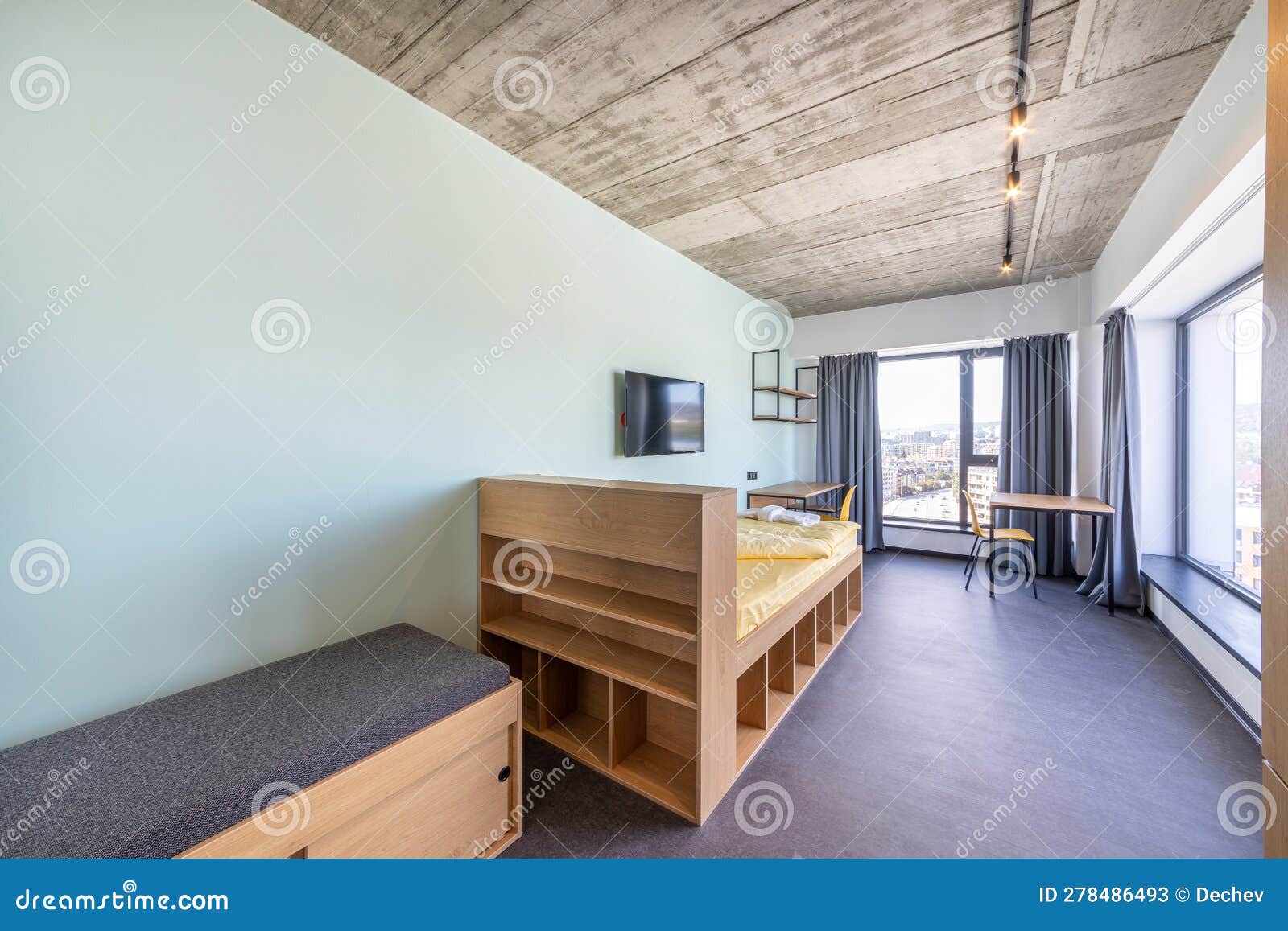 Simple Student-style Dorm Bedroom. Hostel Dormitory Room. Campus Stock ...
