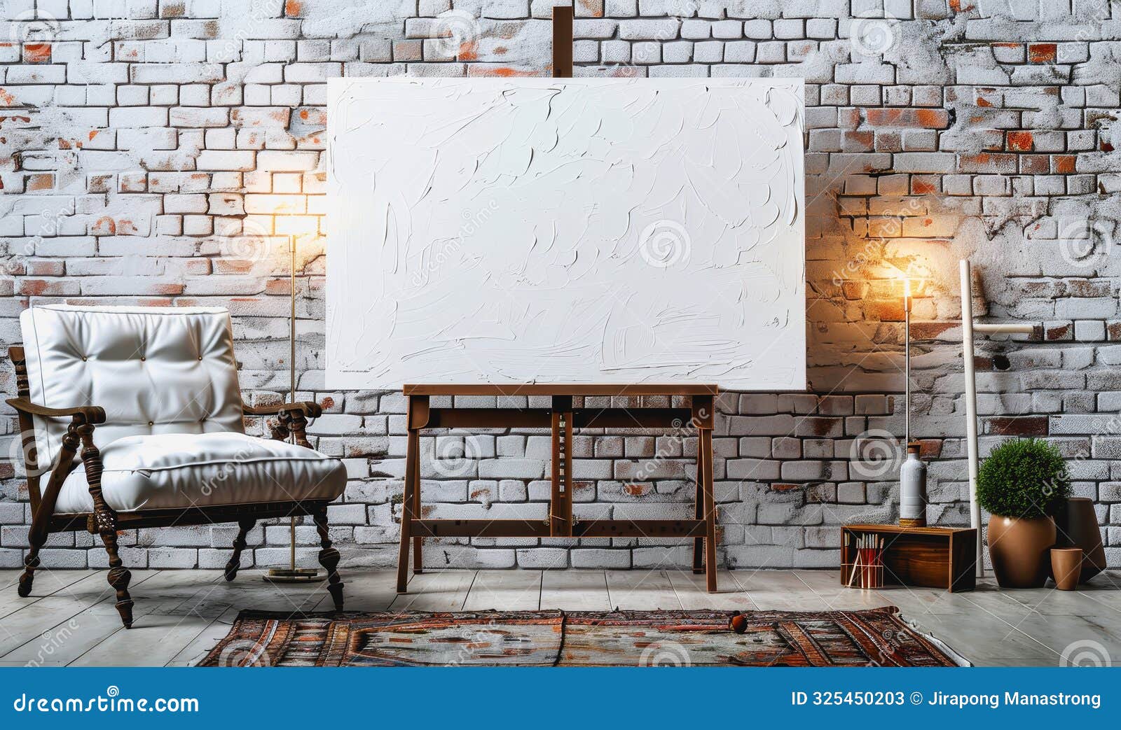 Simple Studio with Blank Canvas on Easel, White Brick Wall, Soft ...