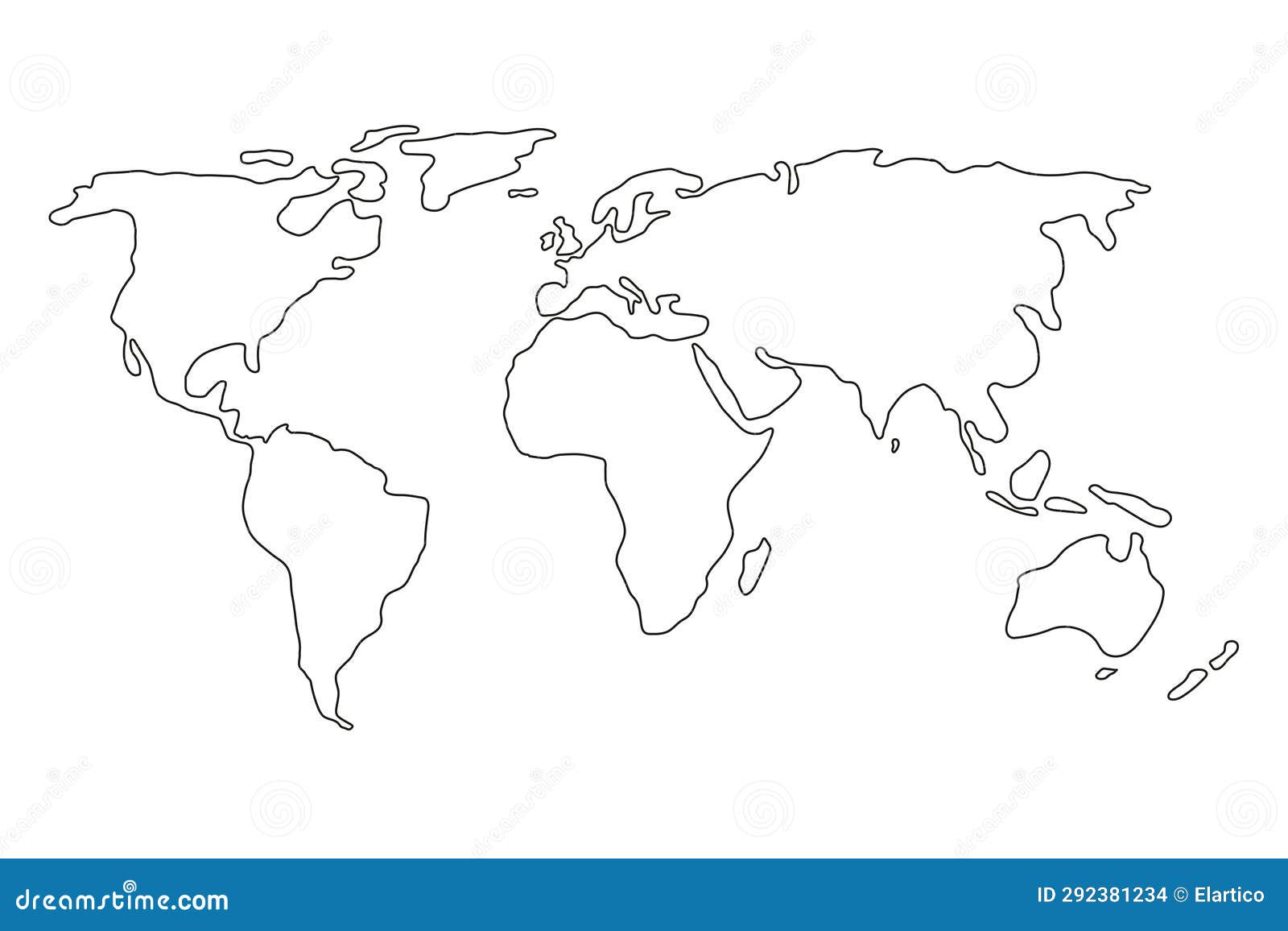 Simple Stylized World Map in Minimal Thin Line Outline Shape. Contours ...