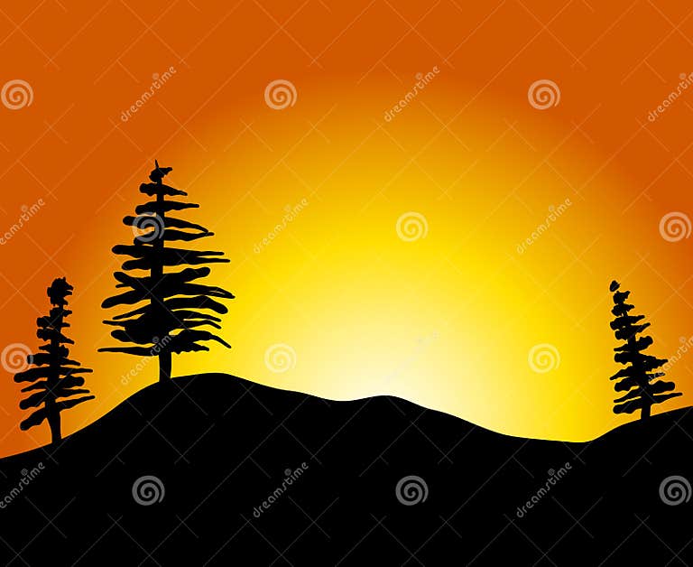 Simple Sunset with Trees Hill Stock Illustration - Illustration of ...