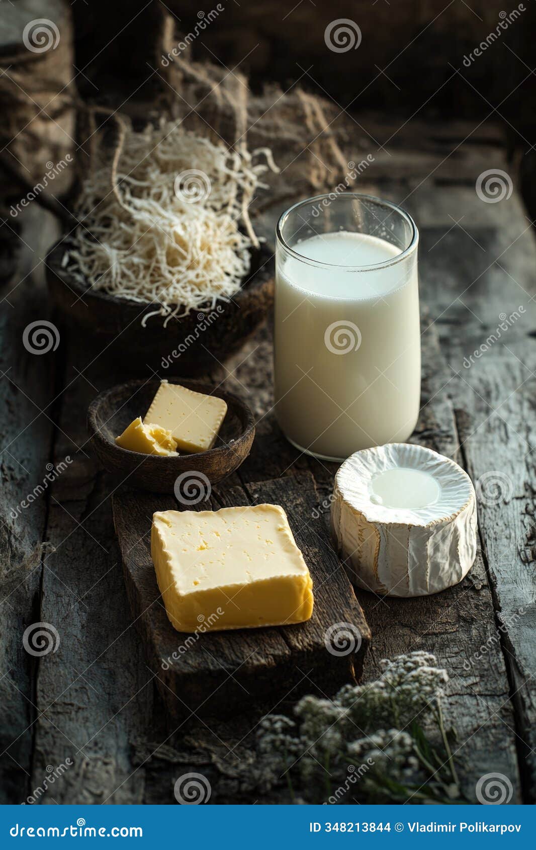 A Simple Table Setting Featuring Cheese and a Glass of Milk Stock Photo ...