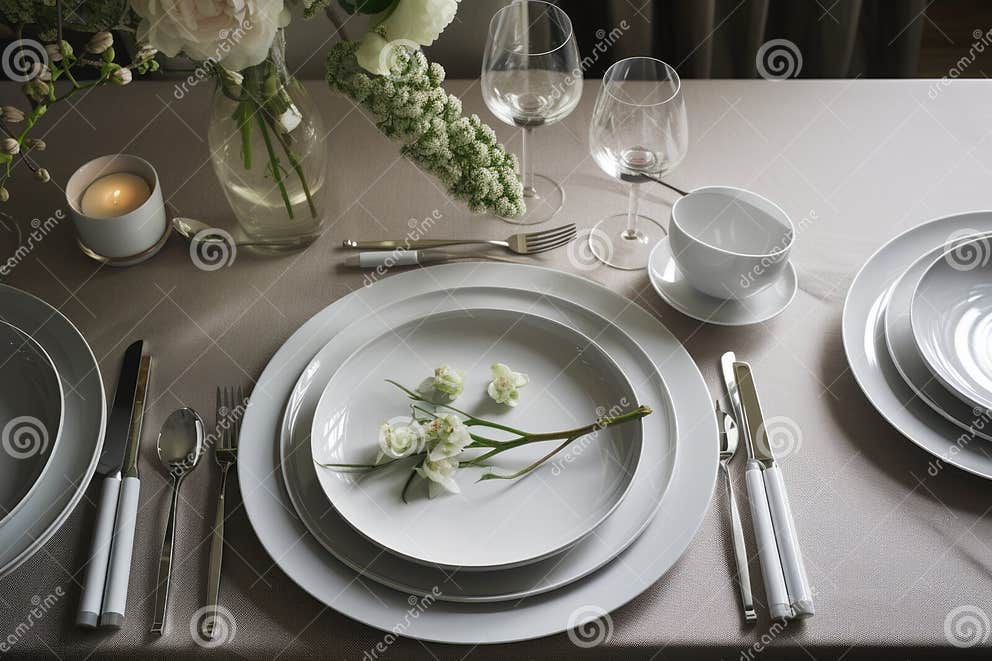 A Simple Table with a White Linen Tablecloth and Classic Silverware ...