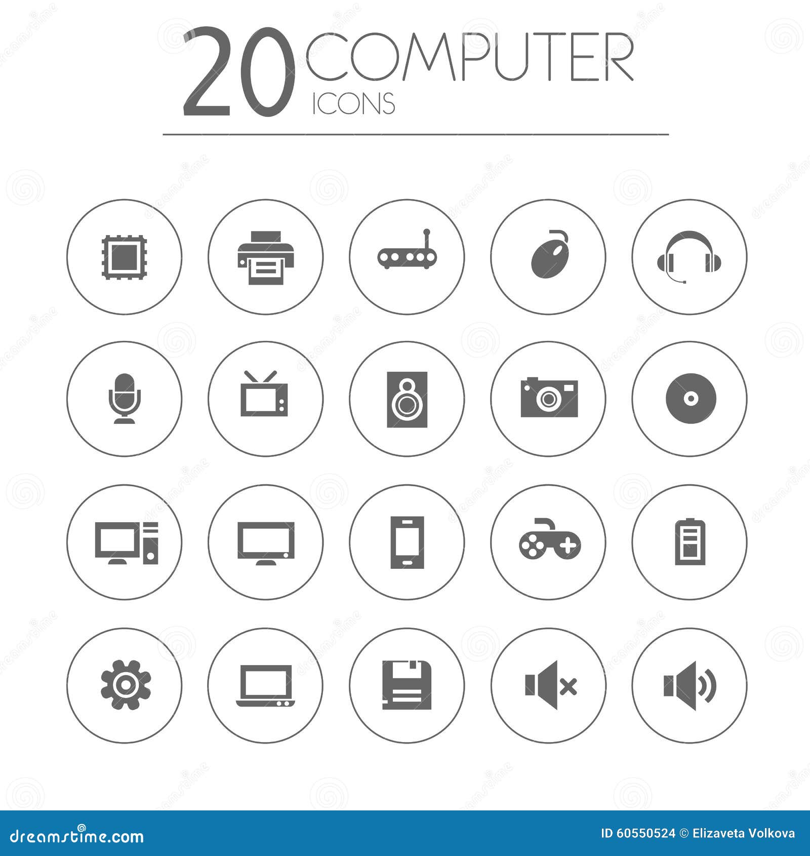 Simple Thin Computer Icons Collection on White Stock Vector ...