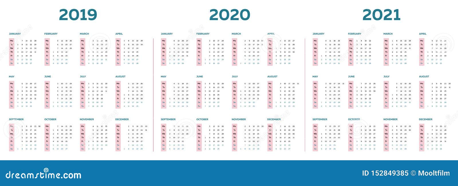 The 2019 2020 2021 Calendar Template with Vertical Monthly Columns ...