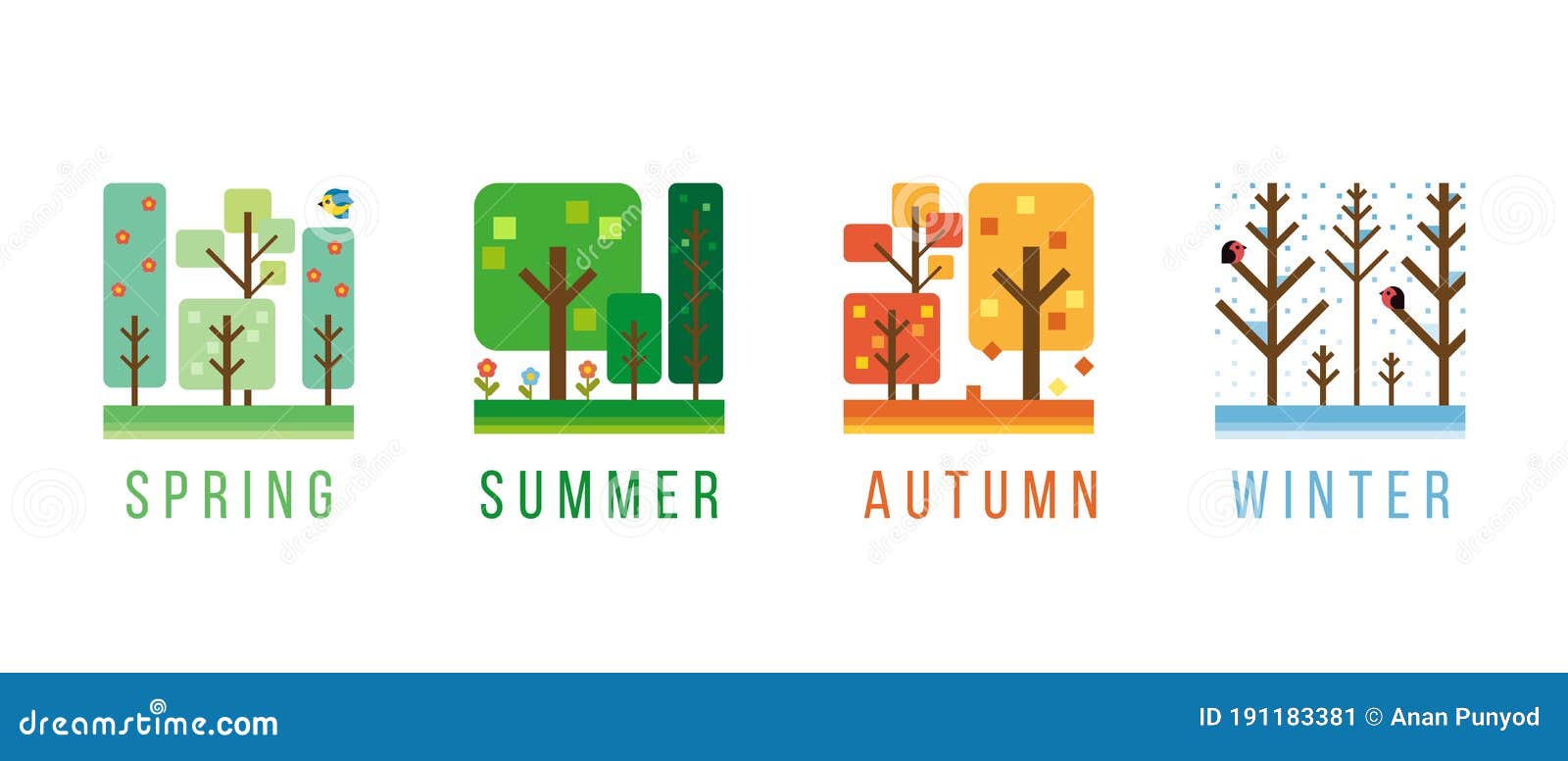 Simple Tree with 4 Season Spring, Summer, Autumn and Winter Sign Vector ...