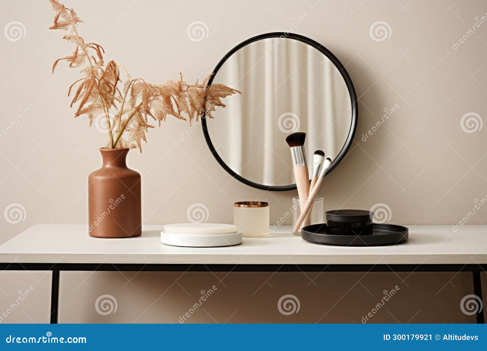 A Simple Vanity with a Round Mirror and Minimal Makeup Items Stock ...