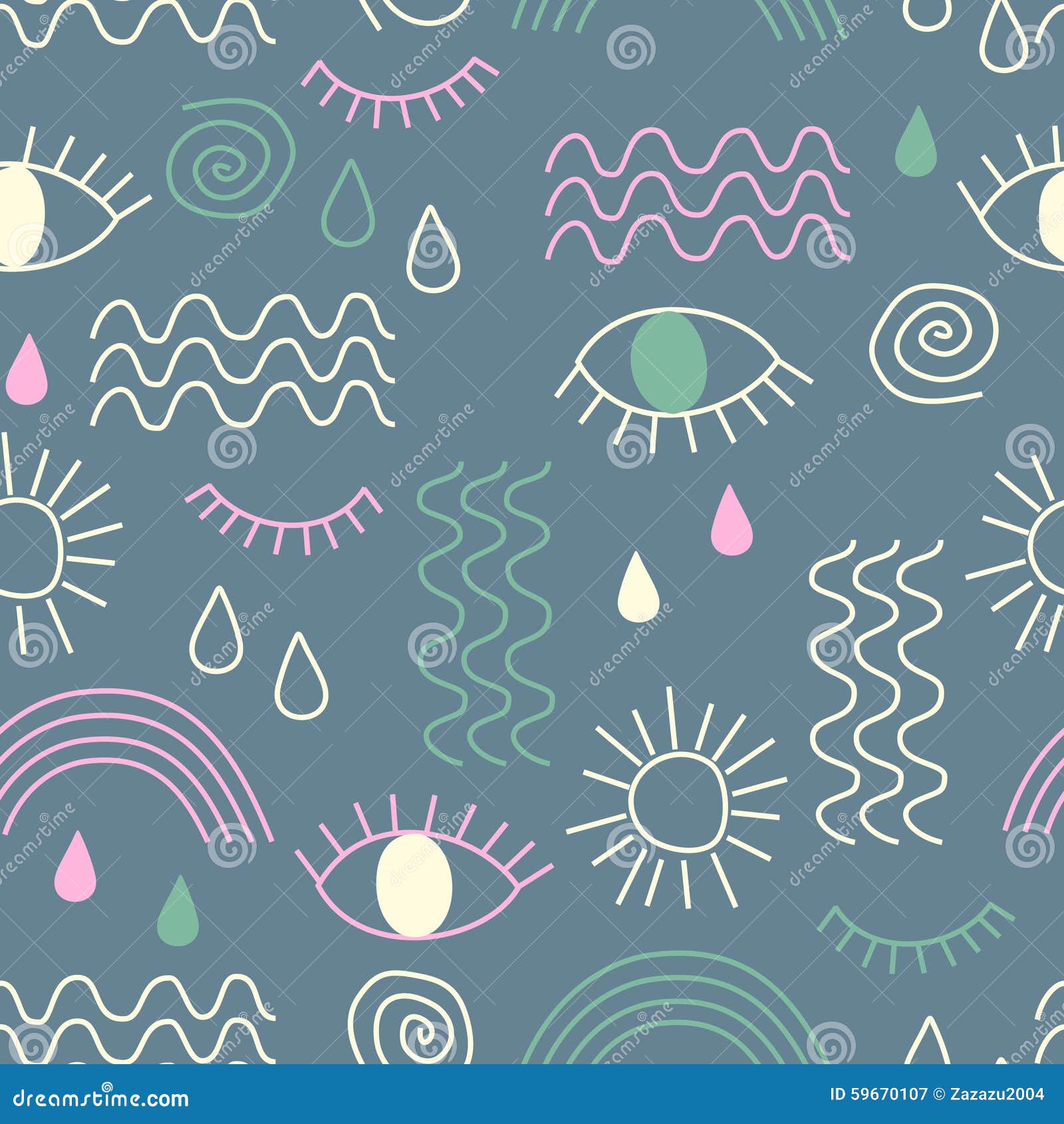 Simple Vector Abstract Seamless Pattern with Eyes, Waves, Sun, Drops ...