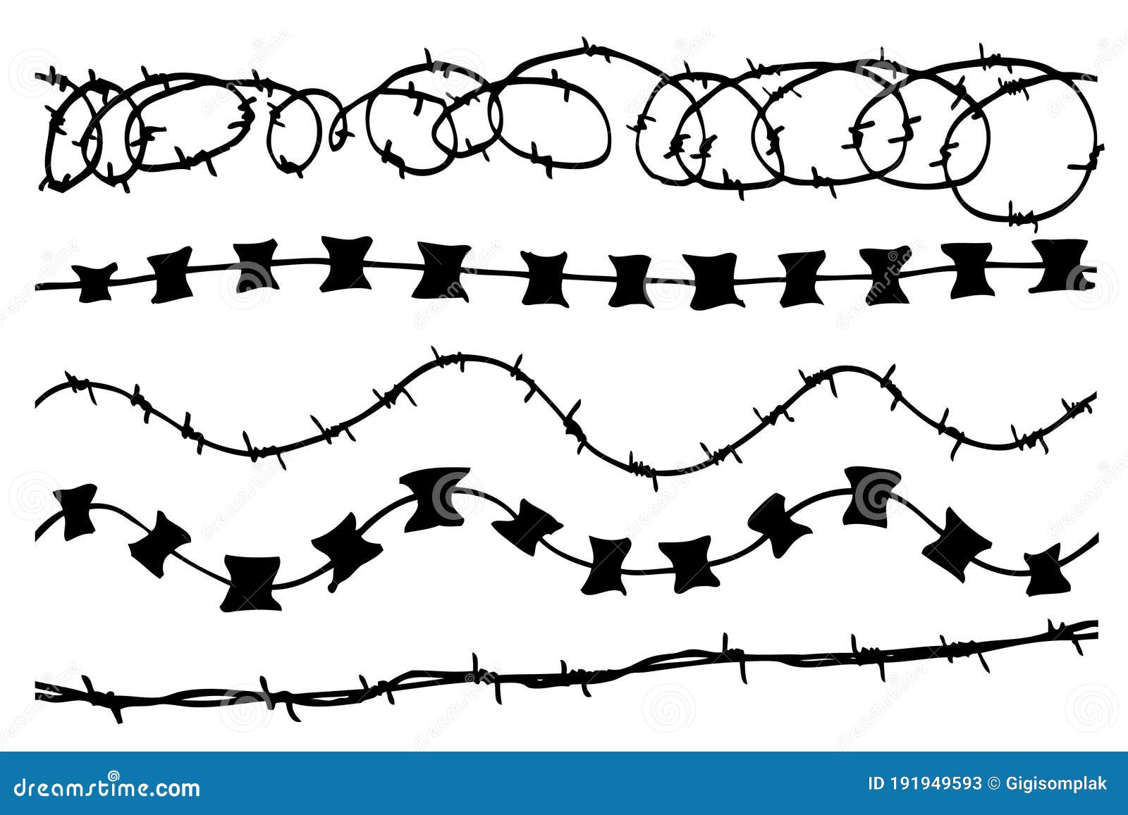 Simple Vector Black Hand Draw Sketch of Various Horizontal Barbed Wire ...